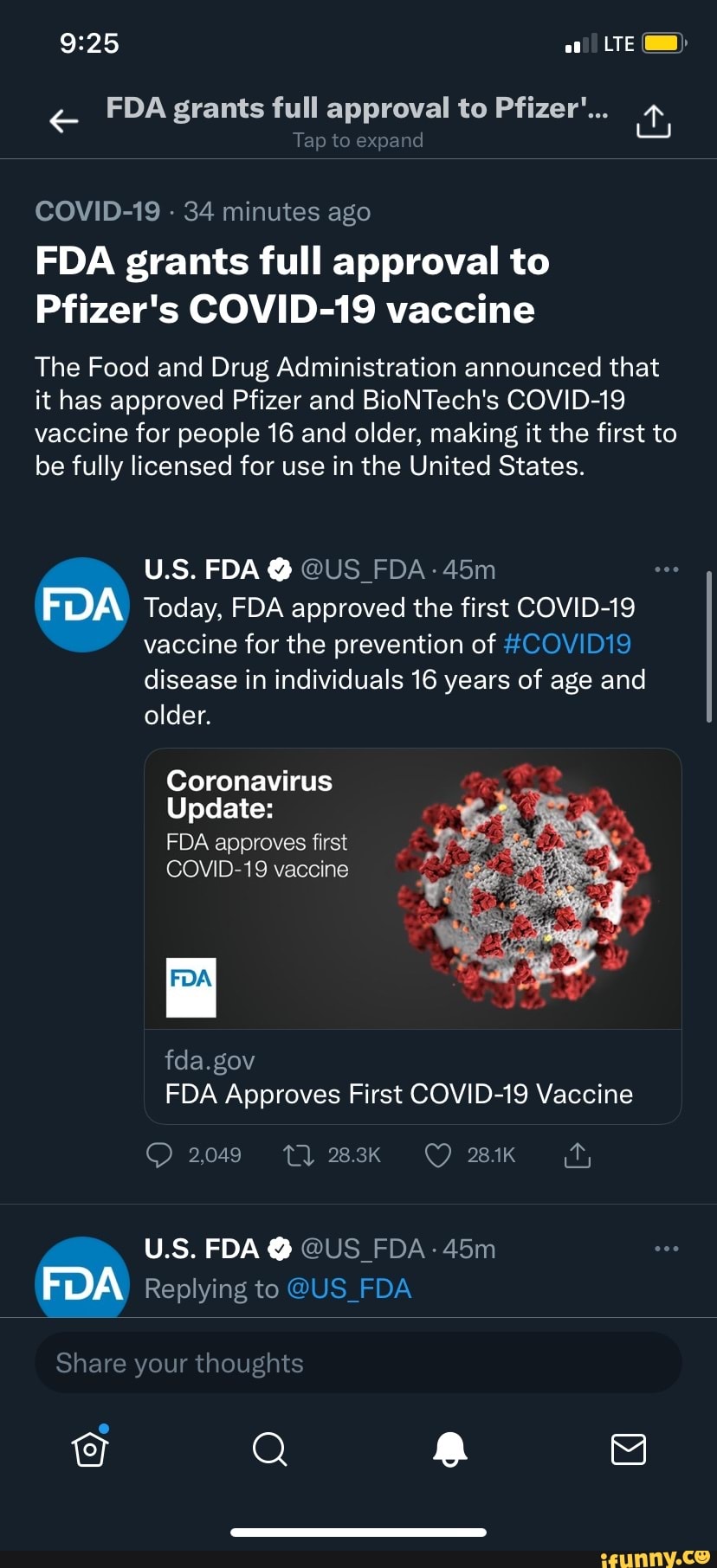 LTE & FDA grants full approval to Pfizer'... Tap to expand COVID-19 ...