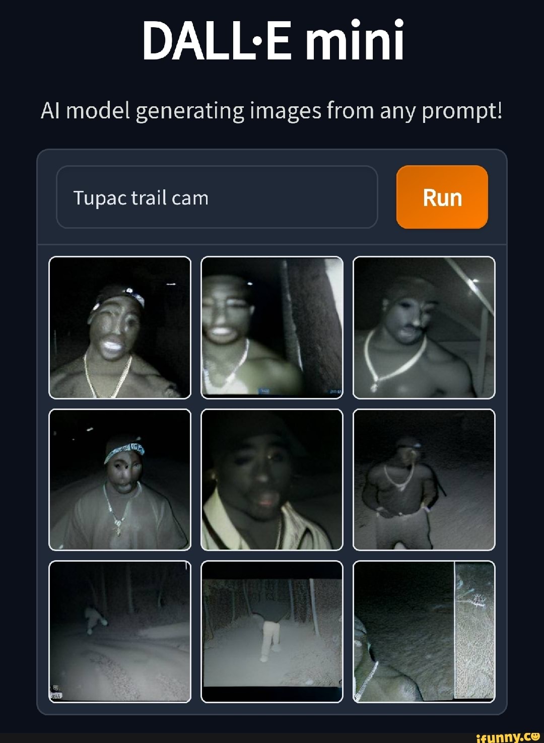 Mini Run Al model generating images from any prompt! Tupac trail cam ...