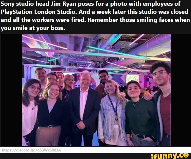 Sony studio head Jim Ryan poses for a photo with employees of ...