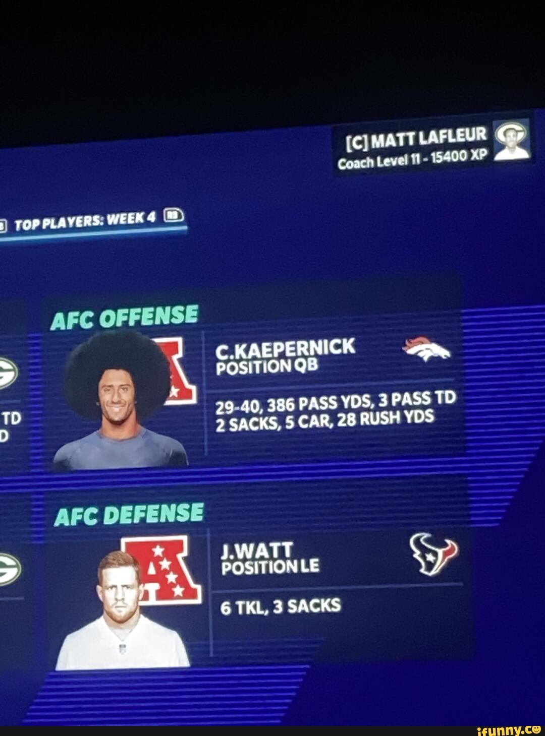 MATT LAFLEUR Coach Level - 15400 XP TOP PLAYERS WeEK AFC OFFENSE ...