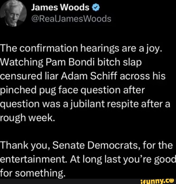 James Woods The confirmation hearings are a joy. Watching Pam Bondi ...