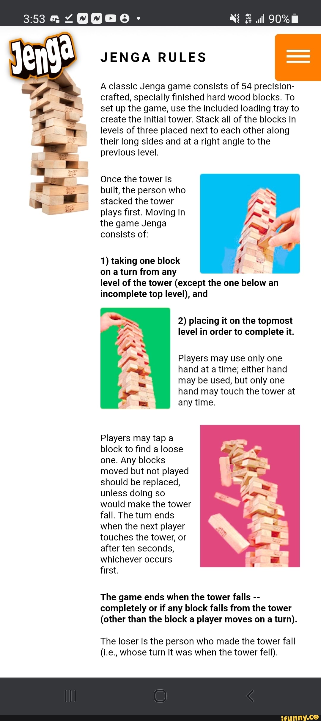 JENGA RULES A classic Jenga game consists of 54 precision- crafted ...