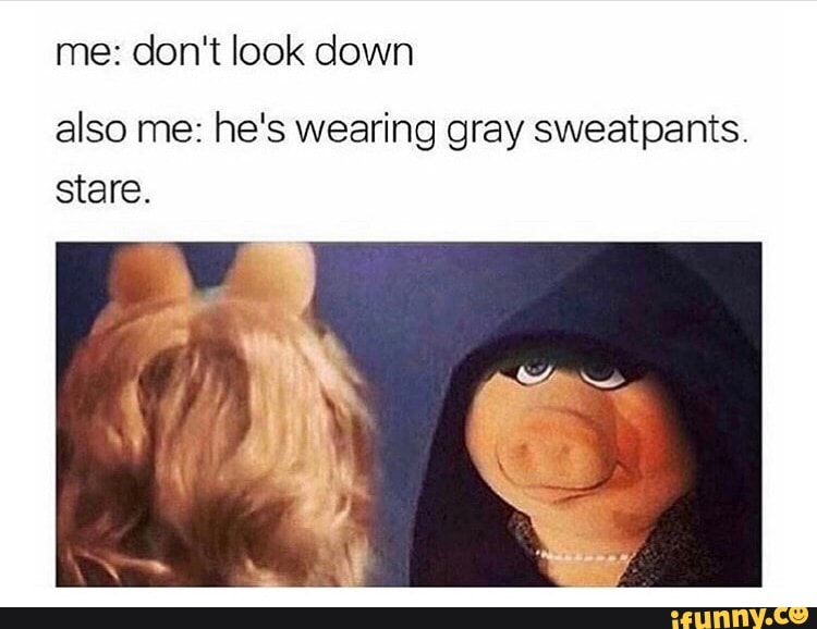 Me: don't look down also me: he's wearing gray sweatpants. stare. - iFunny