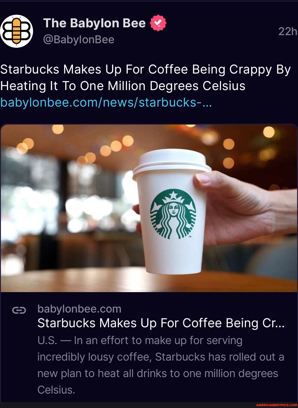 The Babylon Bee @ @BabylonBee Starbucks Makes Up For Coffee Being ...