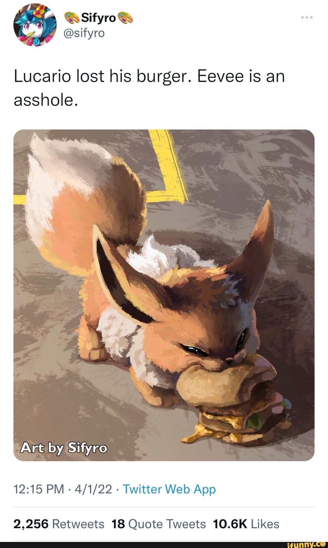 Lucario lost his burger. Eevee is an asshole. Art by Sifyro - iFunny
