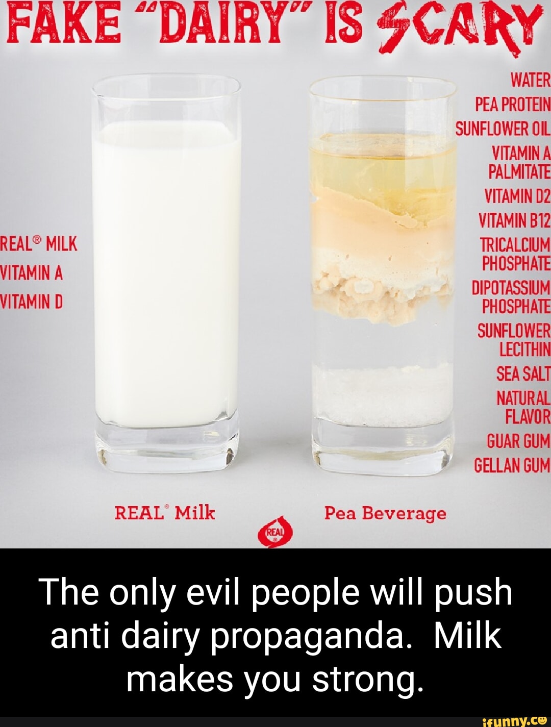 FAKE DAIRY SCARY REAL* MILK VITAMIN A VITAMIN REAL Milk WATER PEA ...