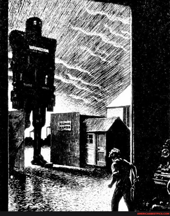 British cartoon from 1955 showing a robot labelled "Automation" looming ...