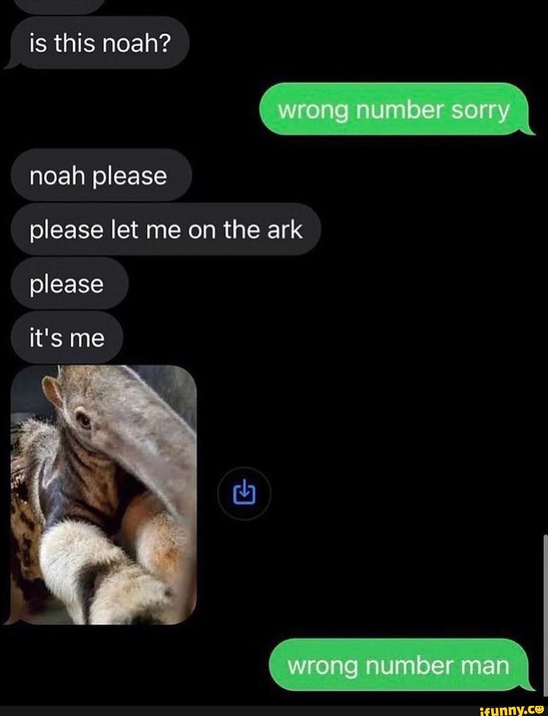 Is this noah? wrong number sorry please let me on the ark noah please ...