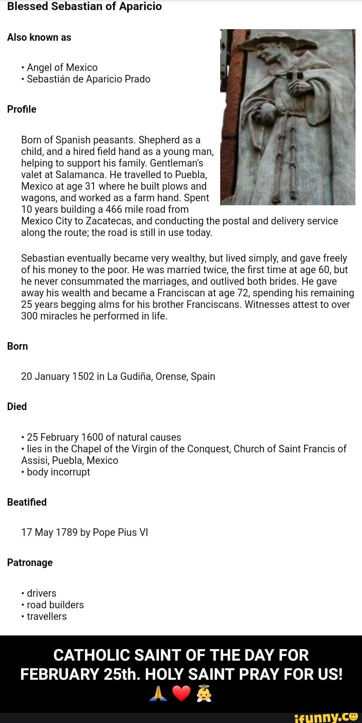 Blessed Sebastian of Aparicio Also known as Angel of Mexico Sebastian ...