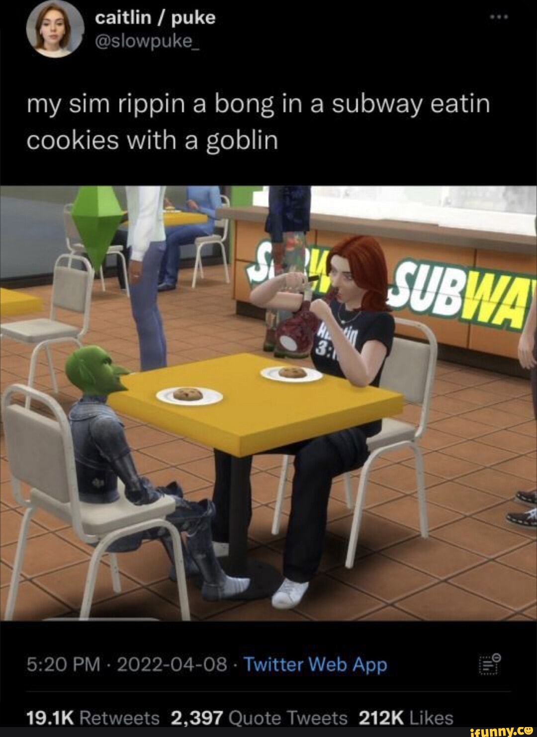 Caitlin / puke @slowpuke_ my sim rippin a bong in a subway eatin ...