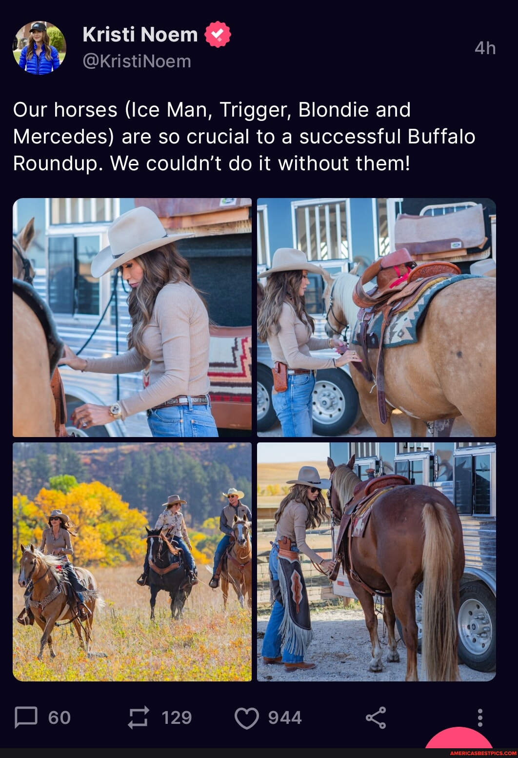 Kristi Noem @ an @kristiNoem Our horses (Ice Man, Trigger, Blondie and Mercedes) are so crucial ...