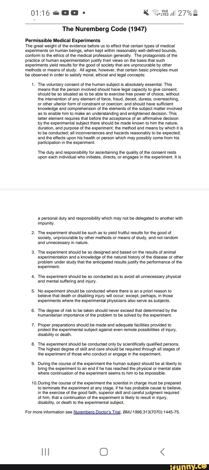 27% The Nuremberg Code (1947) Permissible Medical Experiments The great ...