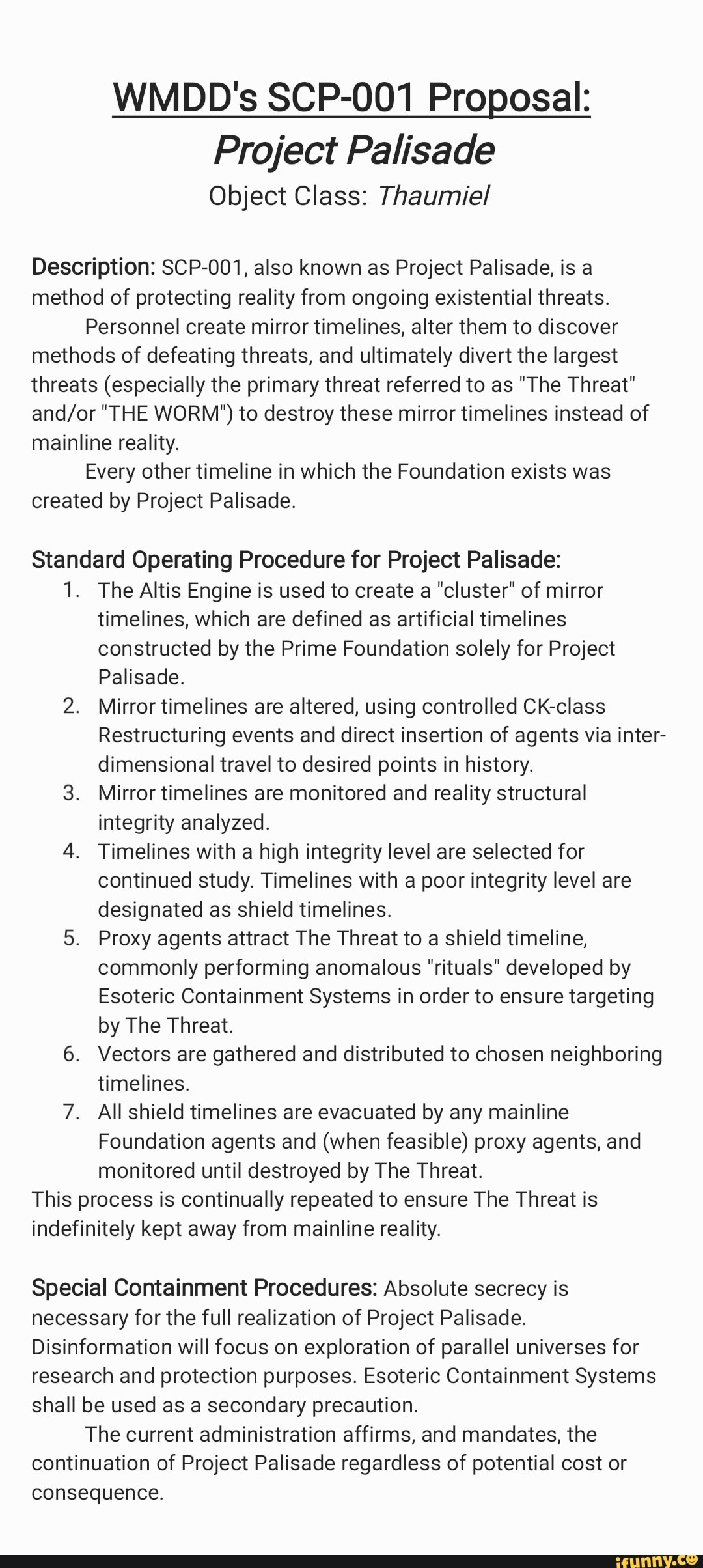 WMDD's SCP-001 Proposal: Project Palisade Object Class: Thaumiel ...