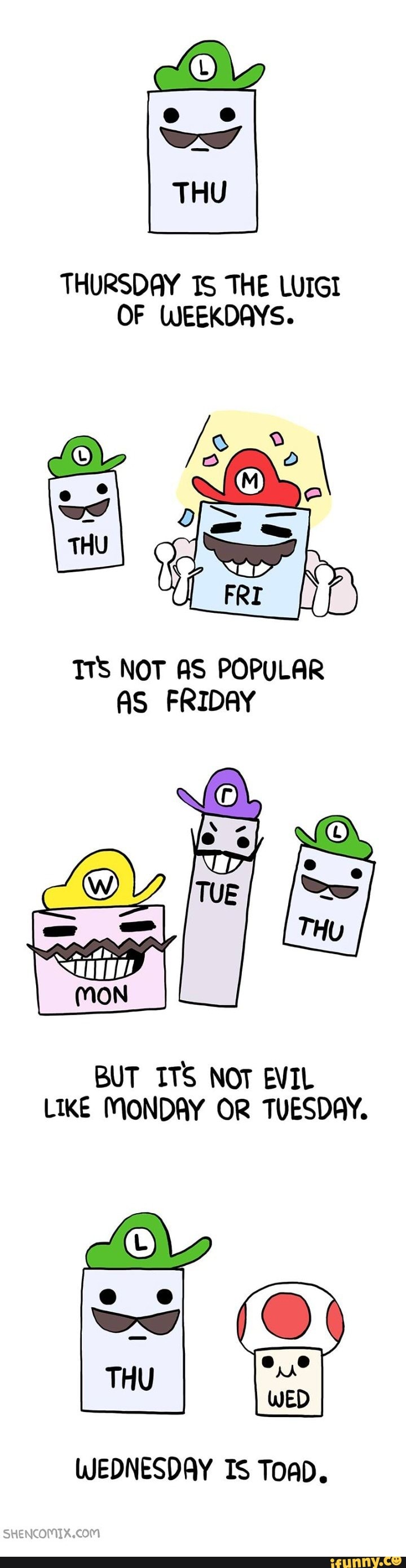 THURSDAY IS THE LUIGI OF WEEKDAYS. TTS NOT AS POPULAR AS FRIDAY BUT ITS ...