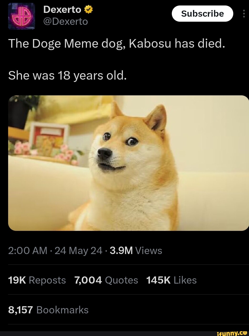 Dexerto The Doge Meme dog, Kabosu has died. @Dexerto She was 18 years ...