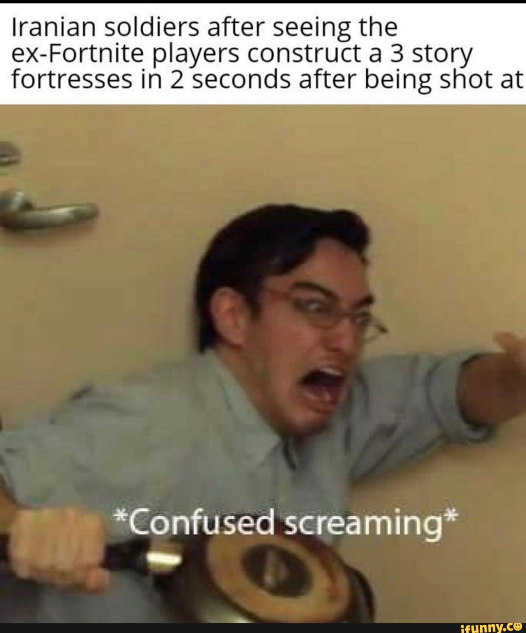 Lranian soldiers after seeing the ex-Fortnite players construct a 3 ...