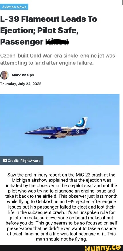 L-39 Flameout Leads To Ejection; Pilot Safe, Passenger Czech-built Cold ...