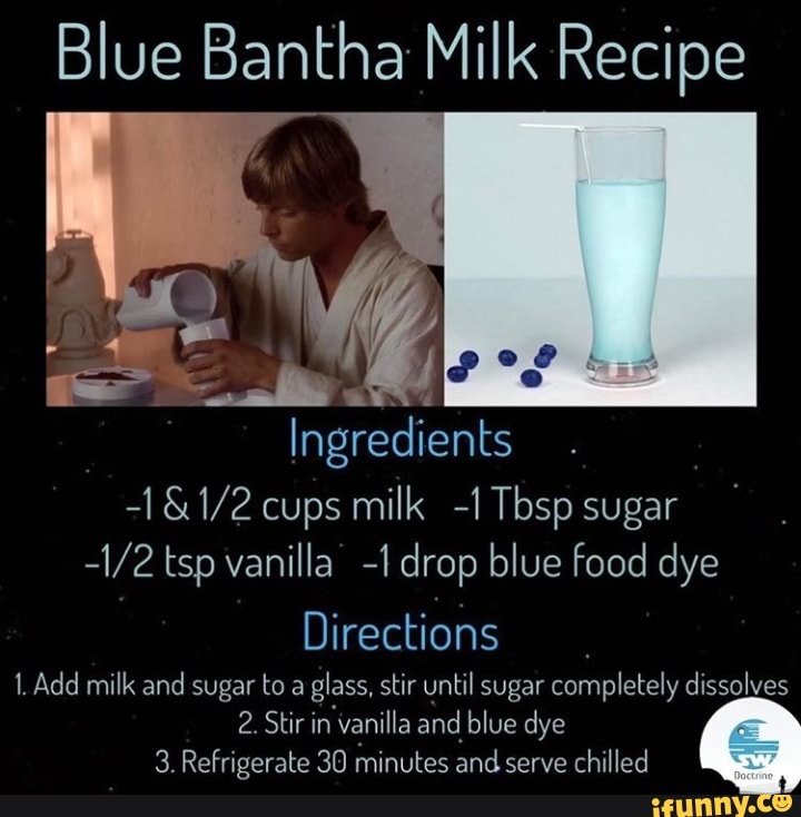 Blue Bantha Milk Recipe Ingredients tsp drop dye Directions 1. Add milk ...