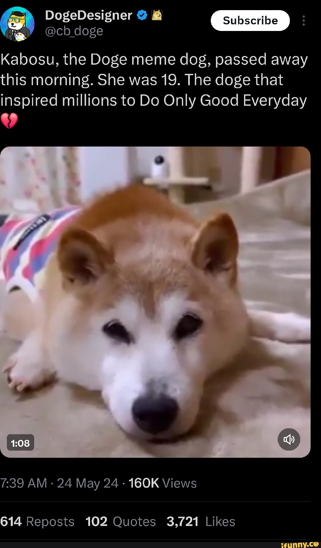DogeDesigner @cb doge Kabosu, the Doge meme dog, passed away this morning. She was 19. The doge ...