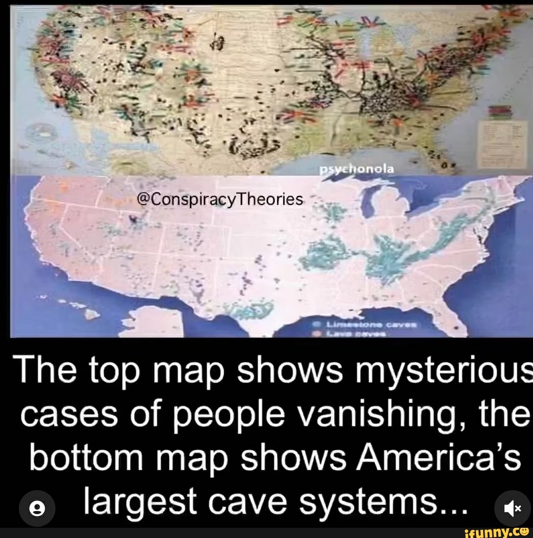 @Conspiracy Theories. The top map shows mysterious cases of people vanishing, the bottom map ...