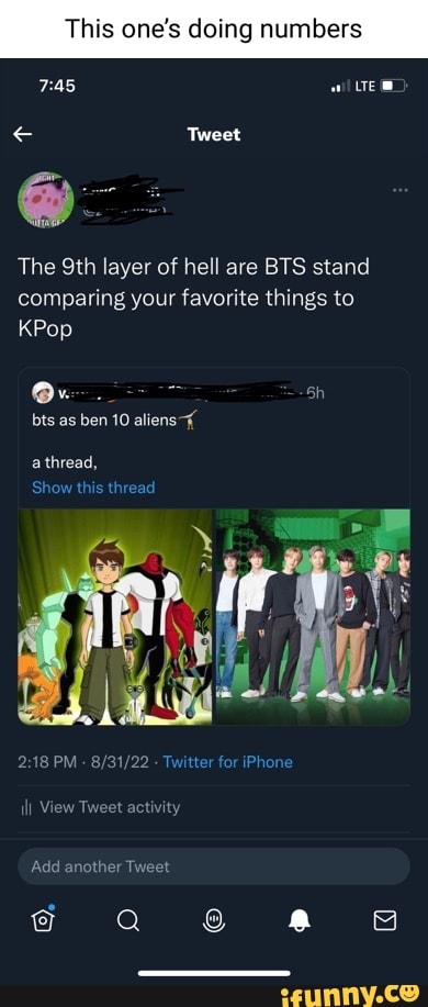 This one's doing numbers Tweet The layer of hell are BTS stand ...