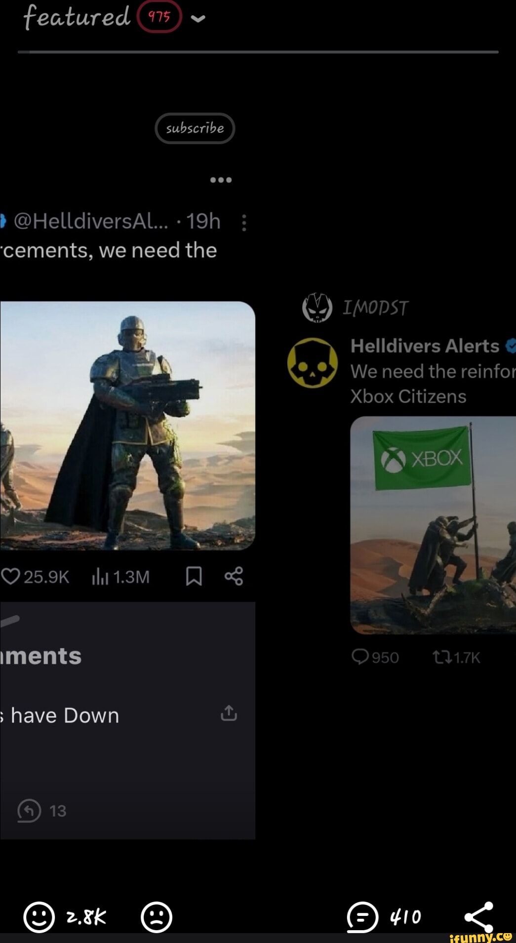 Featured subscribe @HelldiversAl... 'cements, we need the Helldivers Alerts We need the reinfor ...