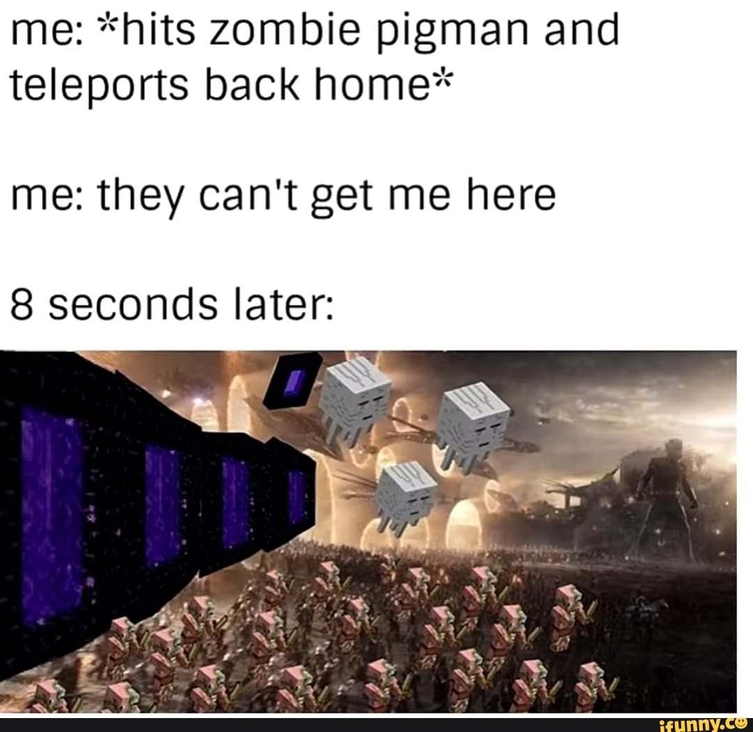 Me: *hits zombie pigman and teleports back home?" me: they can't get me ...