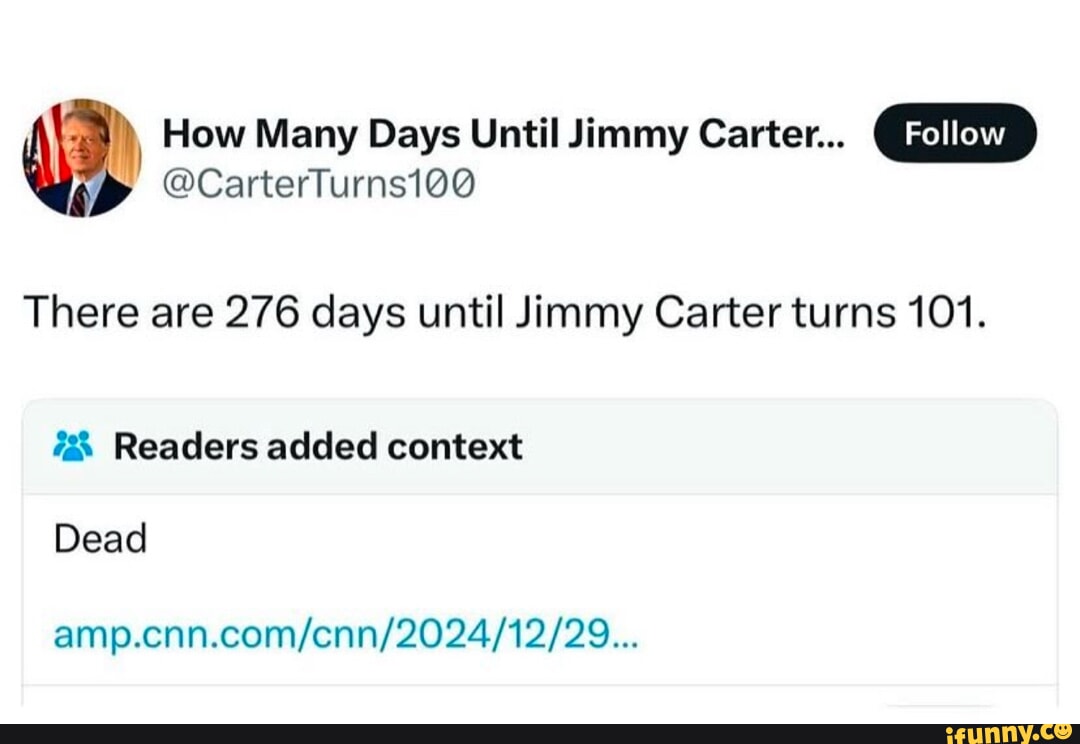 How Many Days Until Jimmy Carter... @CarterTurns100 There are 276 days ...