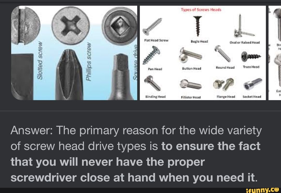 Answer: The primary reason for the wide variety of screw head drive ...