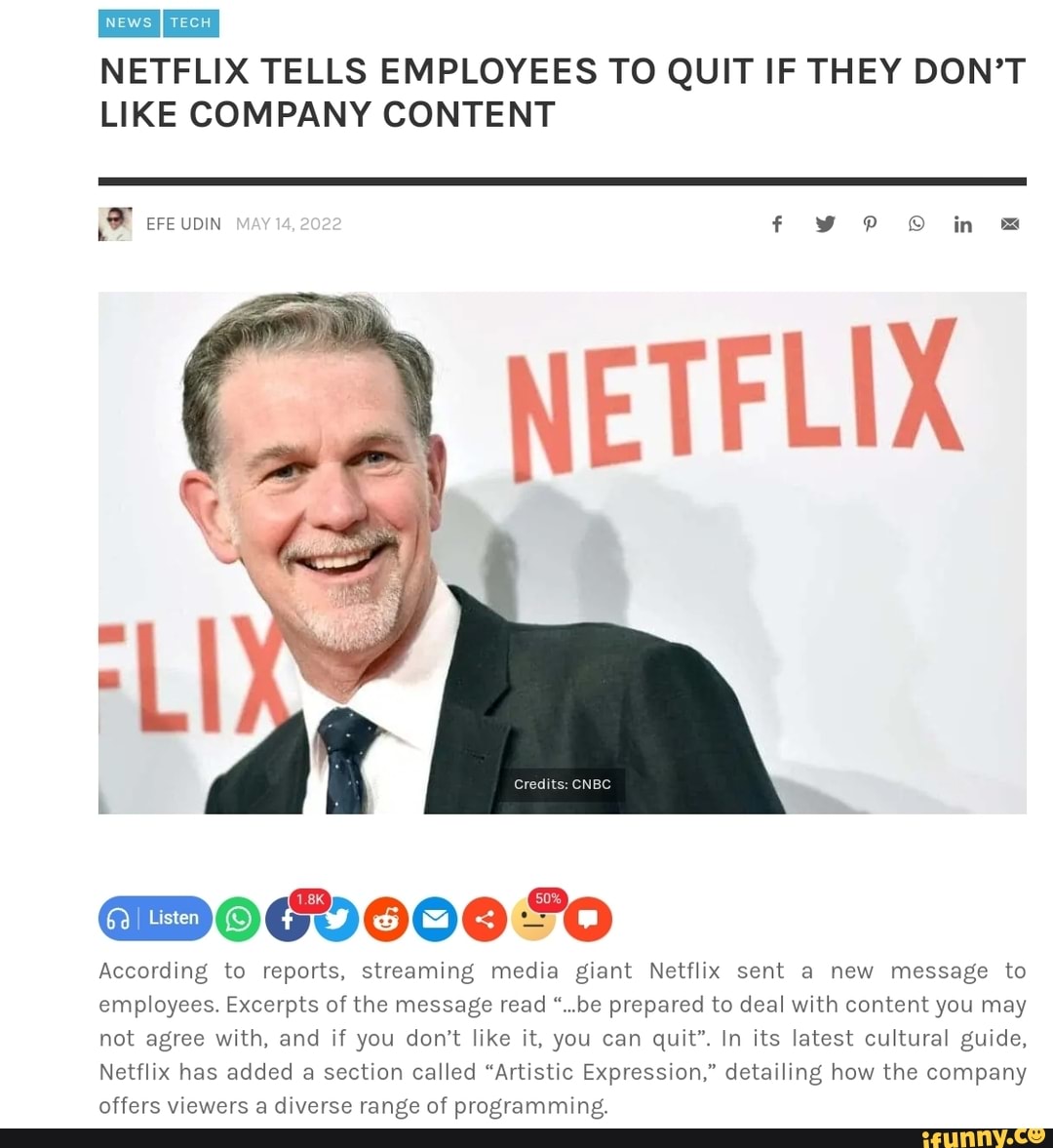 NETFLIX TELLS EMPLOYEES TO QUIT IF THEY DON'T LIKE COMPANY CONTENT EFE ...