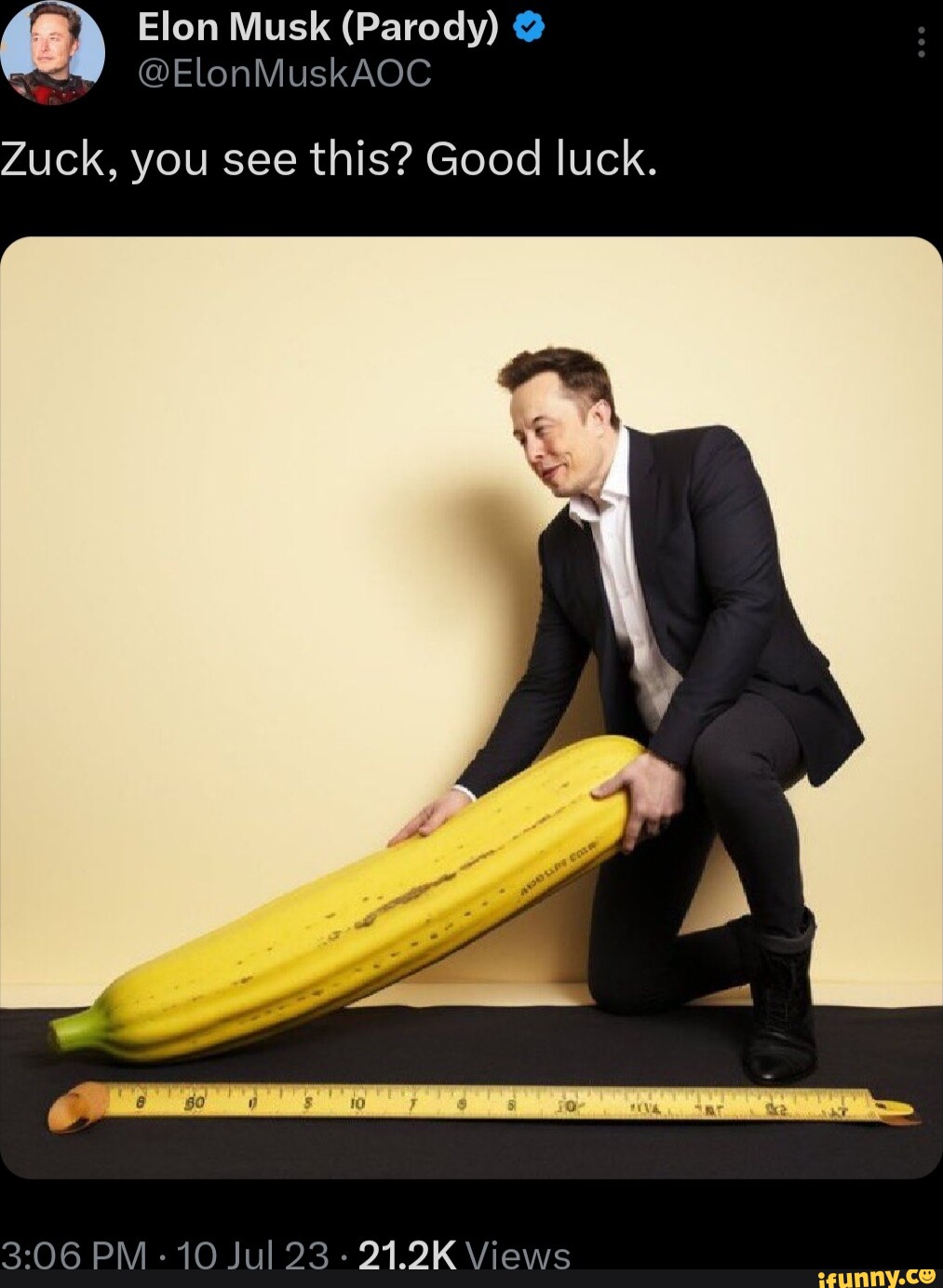 Elon Musk (Parody) @ @ElonMuskAOC Zuck, you see this? Good luck. PM -10 ...