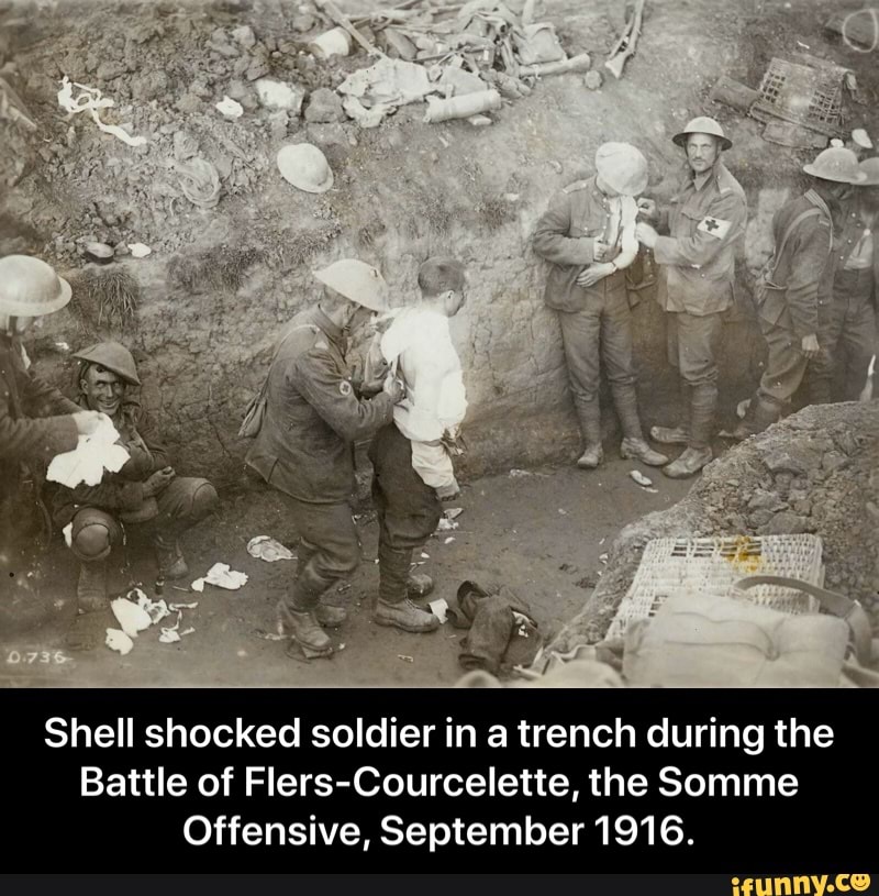 Shell shocked soldier in a trench during the Battle of Flers ...