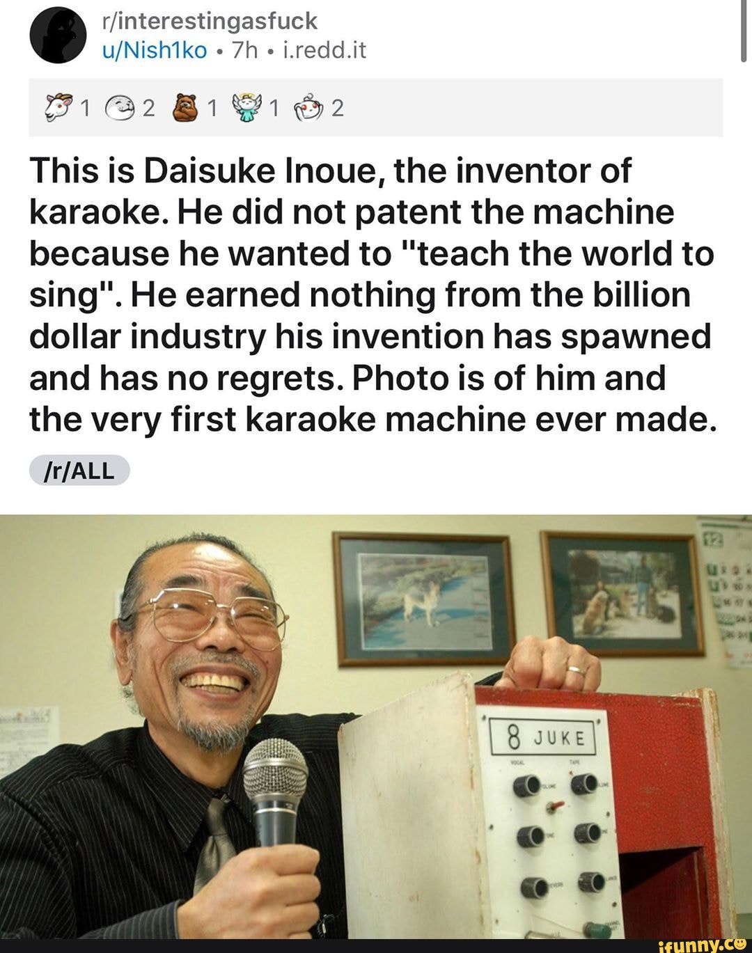i.redd.it 7712 This is Daisuke Inoue, the inventor of karaoke. He did ...