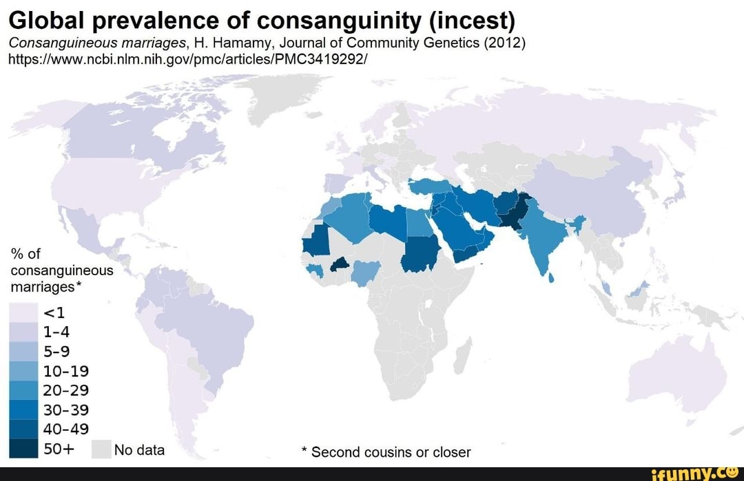 Global prevalence of consanguinity (incest) Consanguineous marriages, H ...