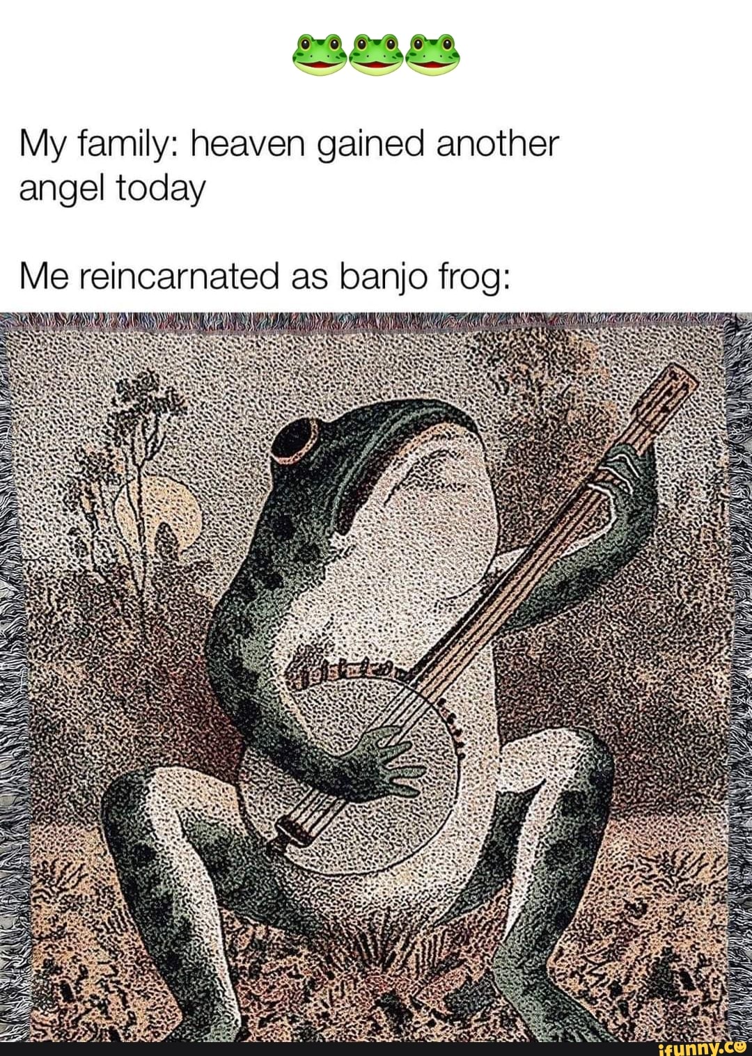 My family: heaven gained another angel today Me reincarnated as banjo frog: - iFunny