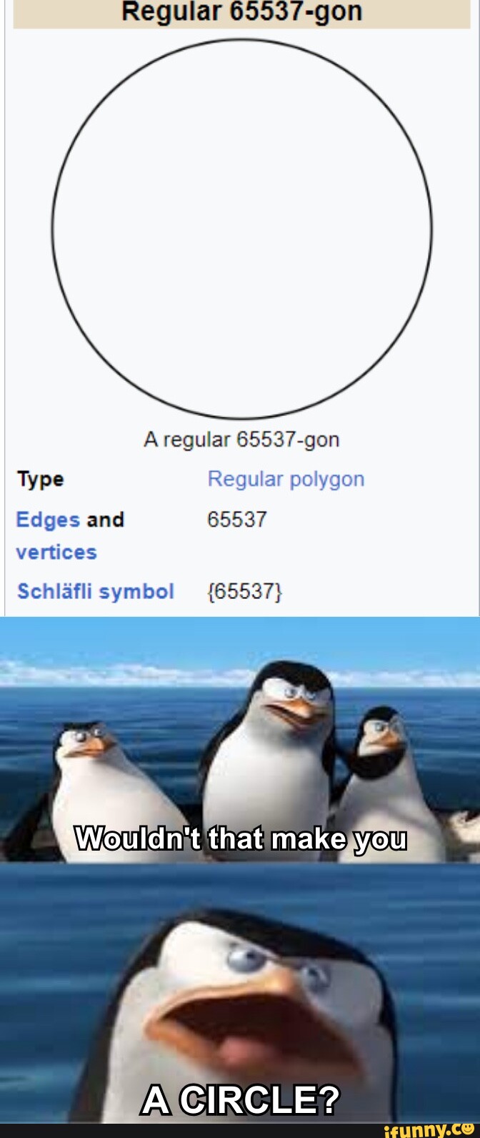 Regular A regular 65537-gon Type Edges and 65537 vertices Schlafli symbol {65537} Wouldn't that ...