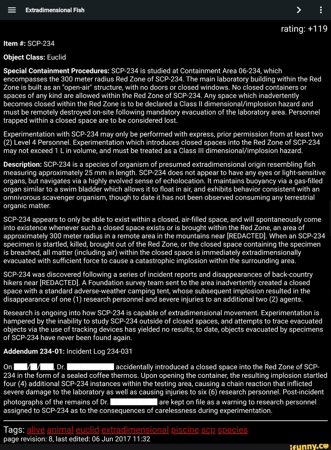 Special Containment Procedures: SCP-234 is studied at Containment Area ...