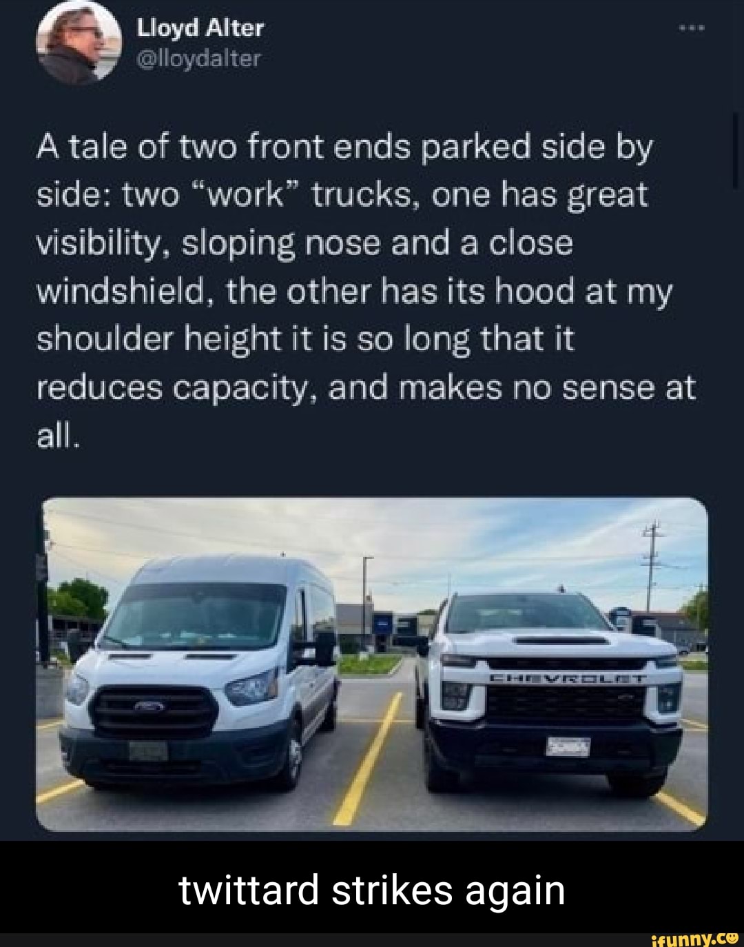 A tale of two front ends parked side by side: two "work" trucks, one ...