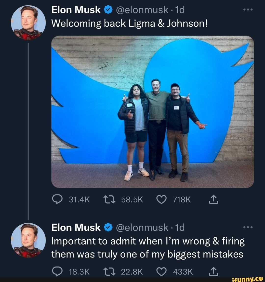 Elon Musk @ @elonmusk id Welcoming back Ligma & Johnson! 314K 585K QQ ...
