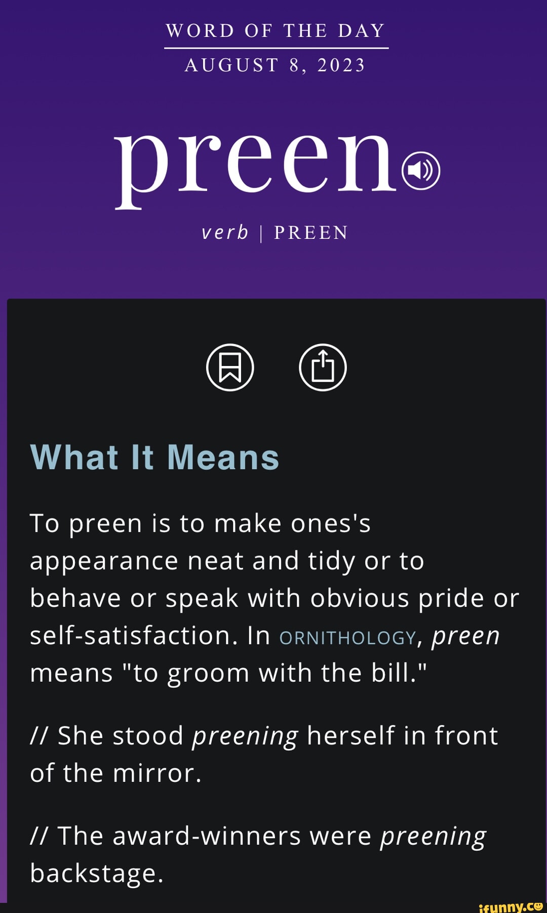 WORD OF THE DAY AUGUST 8, 2023 precne verb I PREEN What It Means To ...