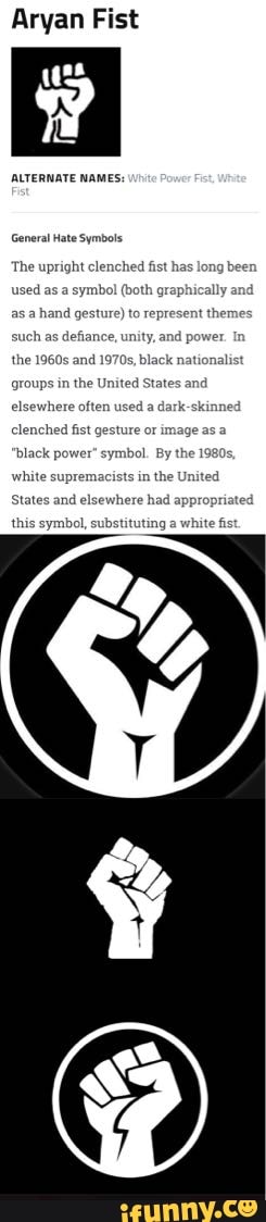 Aryan Fist ALTERNATE NAMES: General Hate Symbols The upright clenched ...