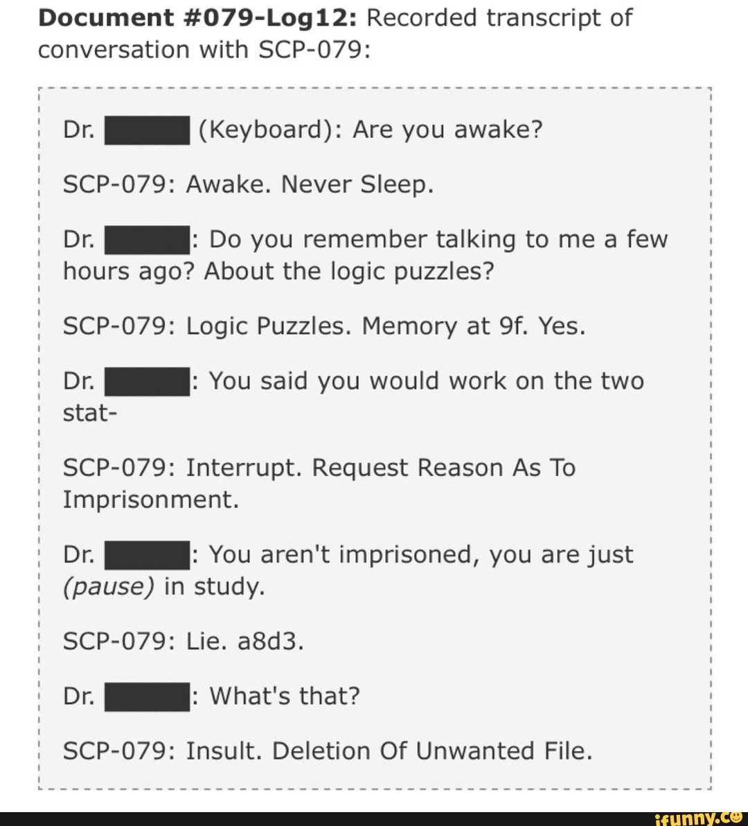 Document #079-Log 12: Recorded transcript of conversation with SCP-079 ...