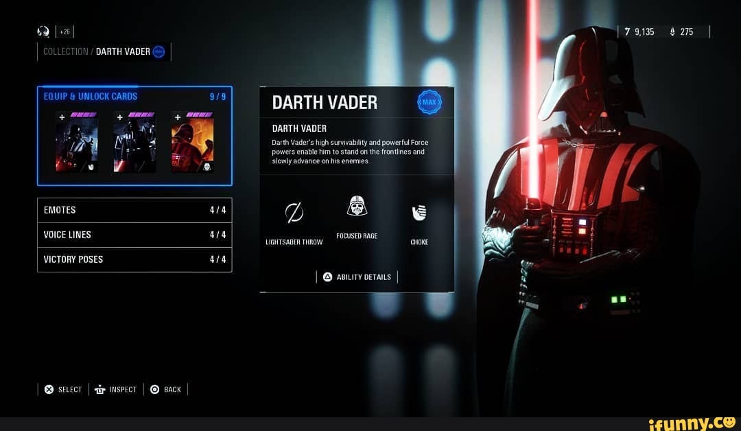LECTION / DARTH VADER EQUIP & UNLOCK CARDS EMOTES VOICE LINES VICTORY ...