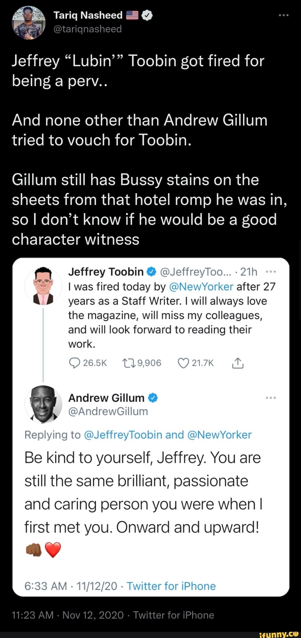 Ah Tariq Nasheed Jeffrey "Lubin'" Toobin got fired for being a perv ...