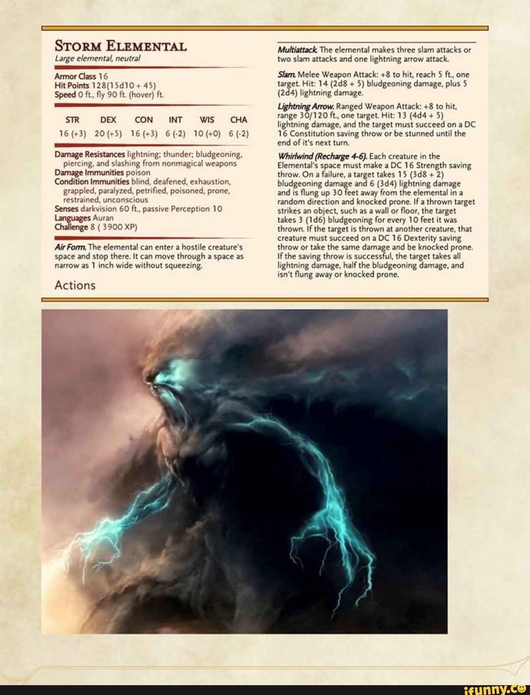 STORM ELEMENTAL Large elemental, neutral Armor Class 16 Hit Points 128 ...