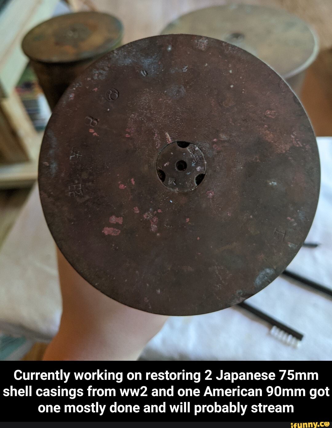Currently working on restoring 2 Japanese 75mm shell casings from ww2 ...