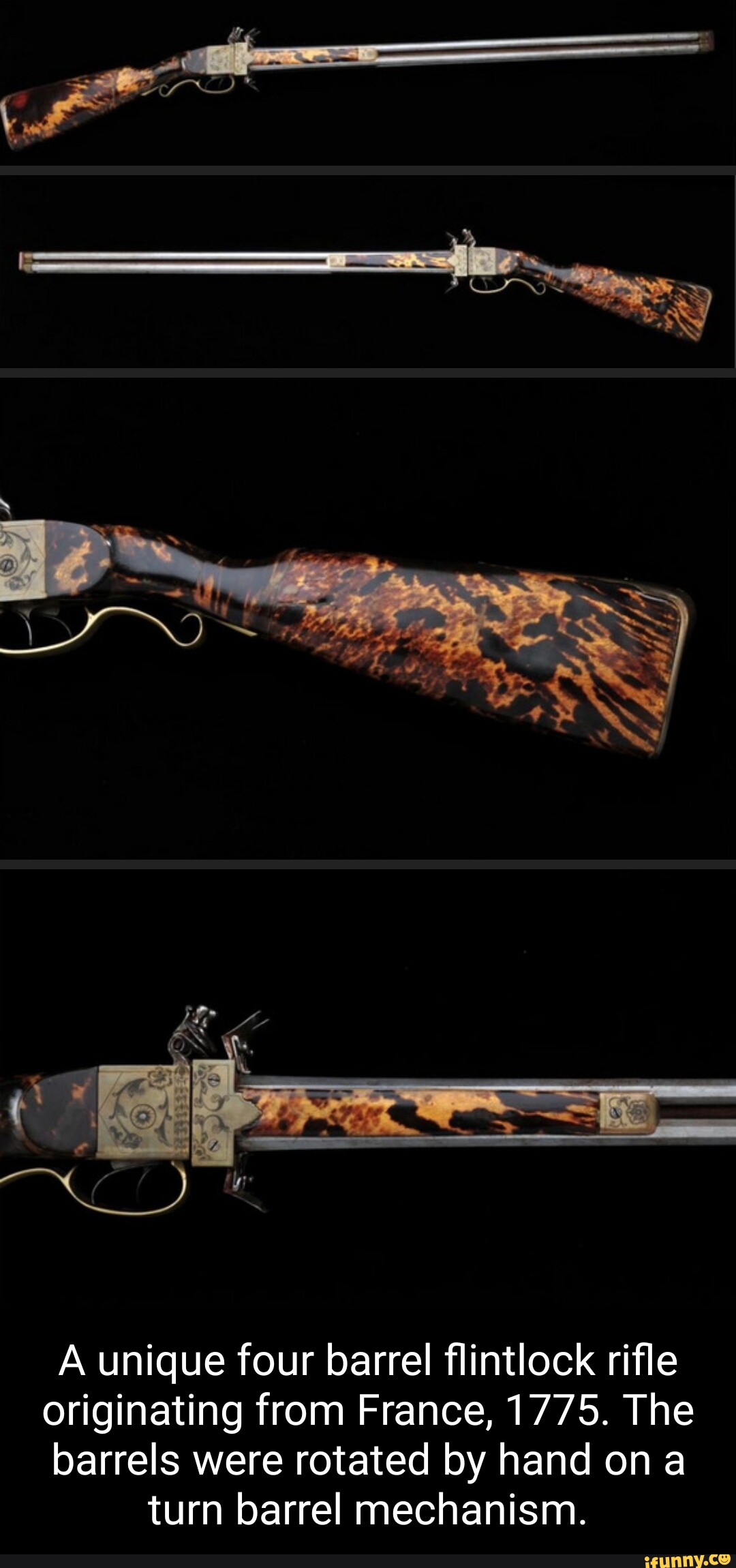 A unique four barrel flintlock rifle originating from France, 1775. The ...