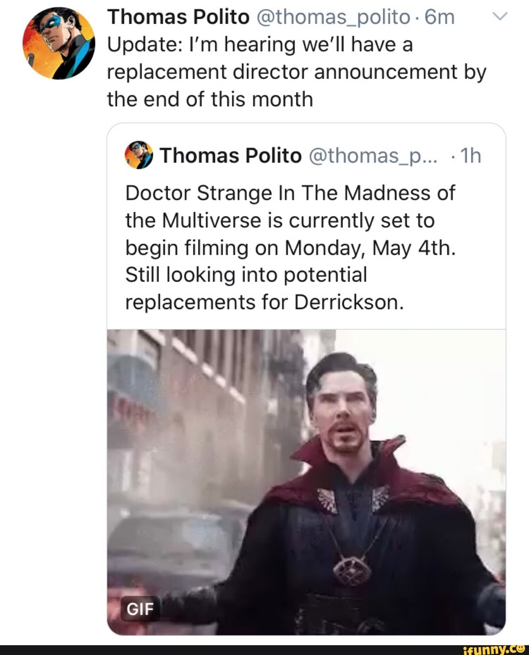 Thomas Polito @thomas_polito- 6m Update: I'm hearing we'll have a ...