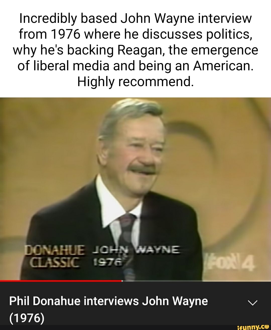 Incredibly based John Wayne interview from 1976 where he discusses ...