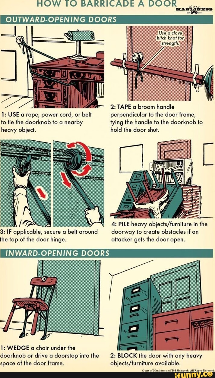 HOW TO BARRICADE A DOOR_ OUTWARD-OPENING DOORS 2: TAPE a broom handle 1 ...